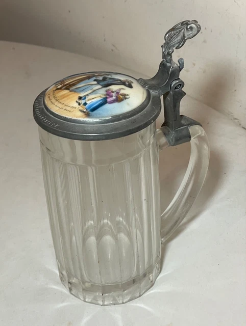 ANTIQUE 1800'S HAND painted porcelain glass pewter German lidded beer ...