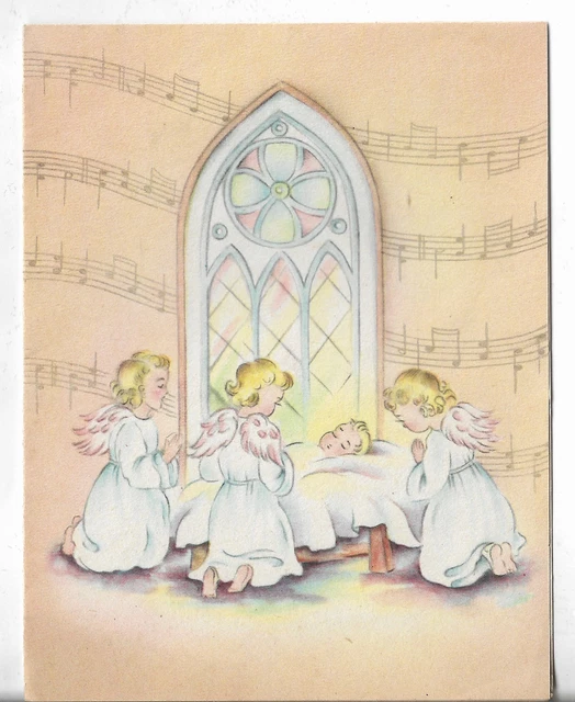 VTG CHRISTMAS GREETING Card 4.25x5.5 Angels Praying Over Baby Jesus ...