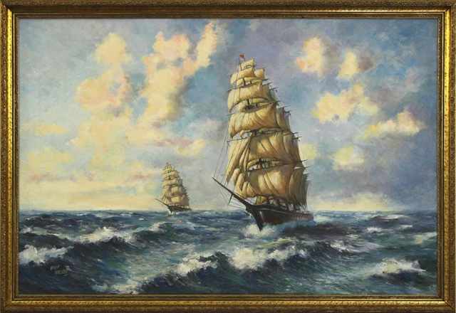 OIL ON CANVAS by Wilf Walker. Sailing ships at sea. £295.00 - PicClick UK