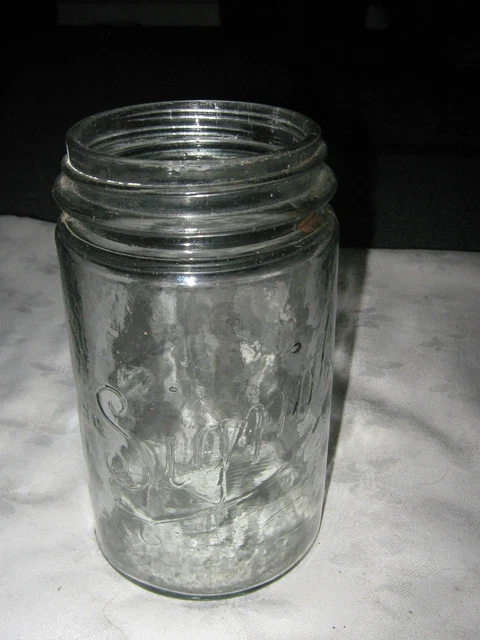 A VINTAGE EMBOSSED Script Clear Glass Screw Top Signal Preserving Jar ...