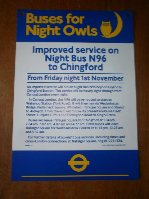 LONDON TRANSPORT BUS Stop Timetable Poster-New Night Route N73, 1989 £1 ...