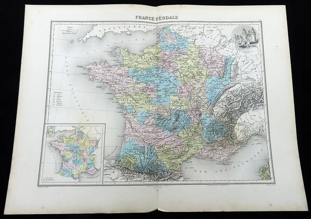ANTIKE KARTE VON Frankreich Feudalsystem Mittelalter handfarbige Gravur ... ANTIKE KARTE VON Frankreich Feudalsystem Mittelalter handfarbige Gravur ...