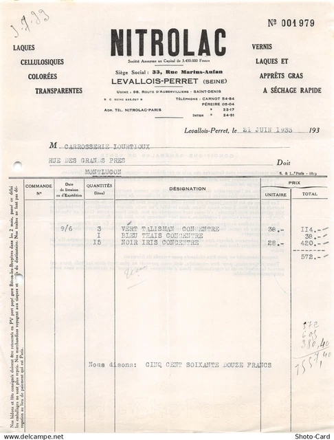 1933 Facture Nitrolac A Levallois Perret-M.lourtioux A Montlucon EUR 10 ...