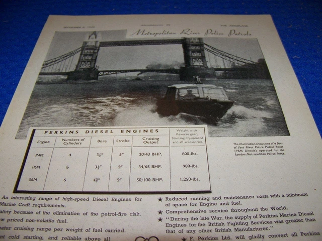 1946: LONDON METRO River Police "Perkins Engines"..1-Page Sales Ad ...