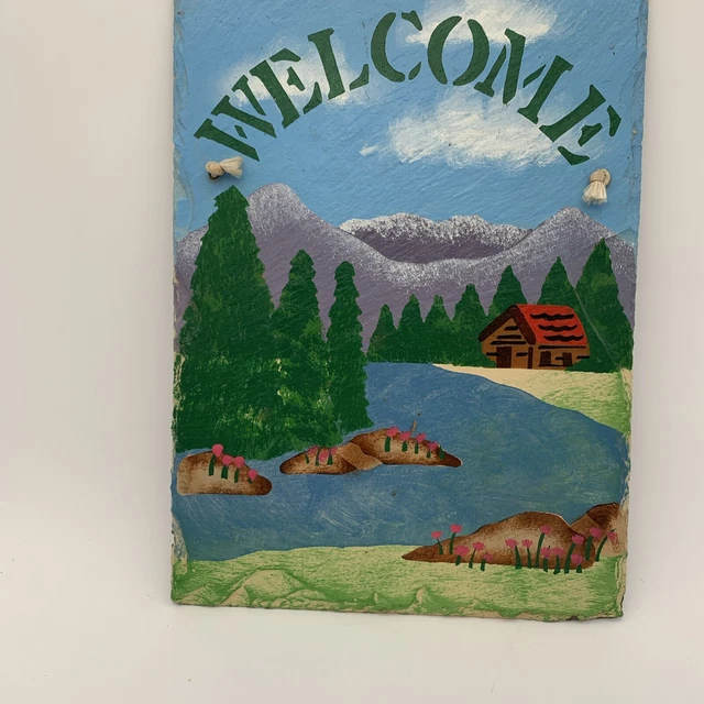 HAND PAINTED SLATE welcome sign lake and log cabin landscape £27.24 ...