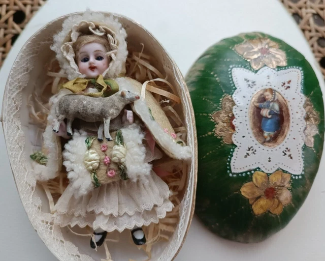 GORGEOUS 3 1/2" (9 cm) Antique Miniature Mignonette Doll with Toy Lamb ...