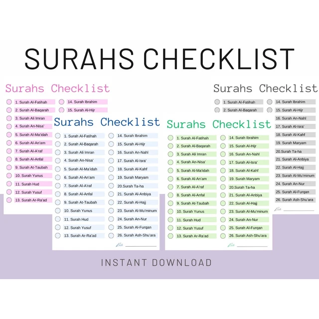 SURAH CHECKLIST PRINTABLE, Surah Tracker, Quran Tracker, Recitation ...