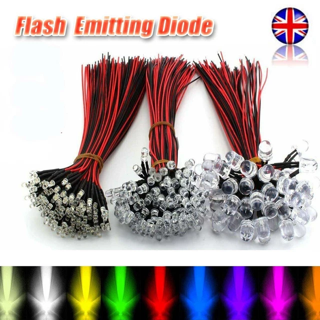 3MM SINGLE FLASH Pre-Wired LED Light Emitting Diode RGB 20cm Cable DC ...