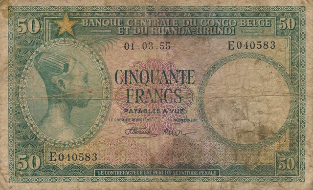 BELGIAN CONGO BANKNOTE 50 francs 1955 combined shipping up to 10 notes ...