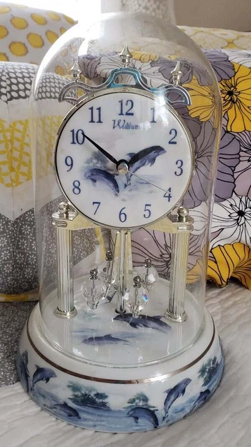 WALTHAM GLASS DOME Dolphin Mantel Clock Turning Pendulum Anniversary W ...