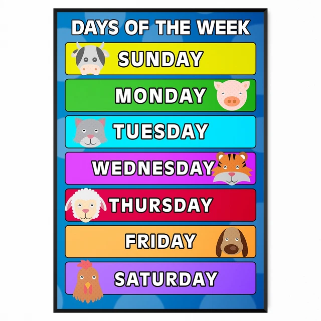 KIDS EDUCATIONAL DAYS Of Week Wall Chart Poster School Revision A5 A4 ...