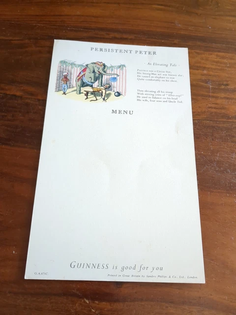 RARE 1940S GUINNESS Menu Card Persistent Peter G.A.871C (3 Of 4) £16.31 ...