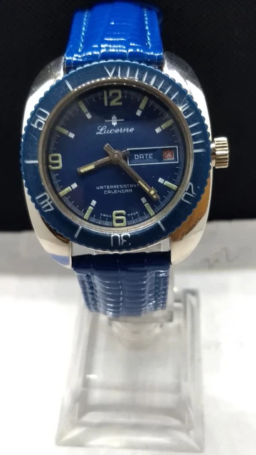 RARE VINTAGE BLUE DIAL Lucerne Swiss Calendar Dive Watch. New Band ...