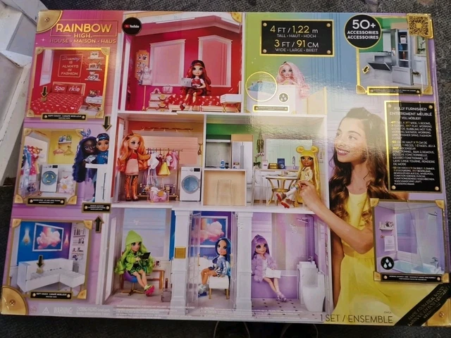 RAINBOW HIGH TOWNHOUSE 3-Storey Wood Dollhouse Playset with 5 Colourful ...