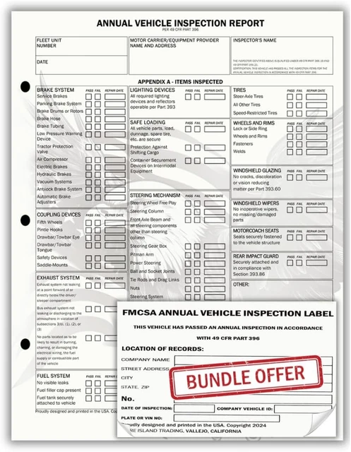 ANNUAL VEHICLE INSPECTION Report Form and Adhesive Vinyl Label Bundle ...