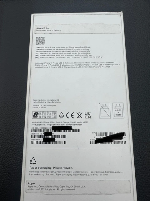 APPLE IPHONE 17 Pro 256GB 5G Smartphn Unlocked 6.3" A19 Pro Chip A3523 ...