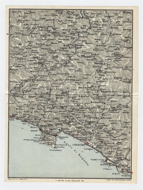 1927 ORIGINAL VINTAGE Map Of Vicinity Of Rapallo Recco Chiavari ...