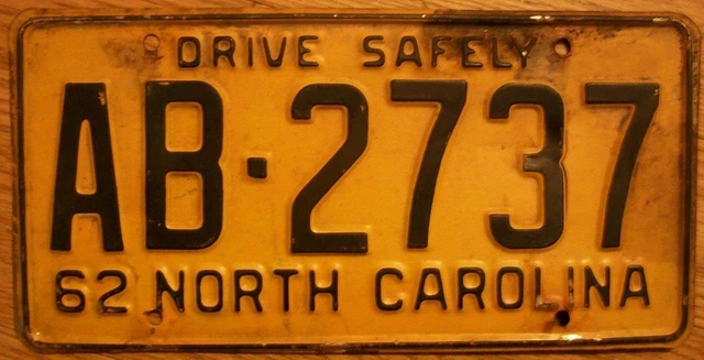 SINGLE NORTH CAROLINA License Plate - 1962 - Ab-2737 - Drive Safely $24 ...