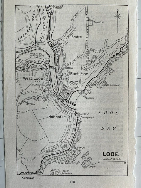 LOOE - 1968 Vintage Street Map Plan Hotels Railway Cornwall Harbour ...