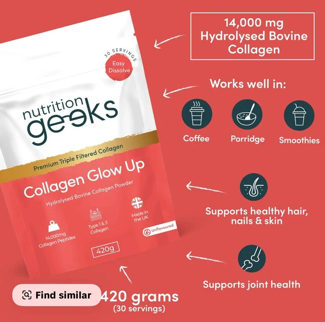 NUTRITION GEEKS COLLAGEN Glow Up Powder 14000mg, 420g, 30 Servings. £21 ...