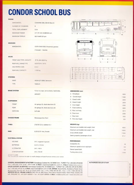 BUS MANUFACTURER SPECIFICATION Sheet ~ BMC Condor 1100 - 57 seat School ...