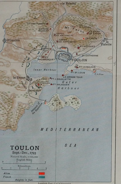 MAPPA / BATTLE Plan Toulon 1793 Allies Francese Batterie Truppe Fort st ...