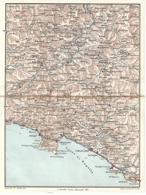 CARTA GEOGRAFICA ANTICA LIGURIA NERVI RAPALLO MONEGLIA TCI 1924 Antique ...