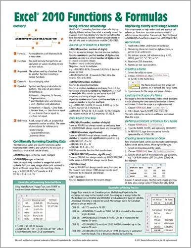 MICROSOFT EXCEL 2010 Functions & Formulas Quick Reference Guide (4-page ...
