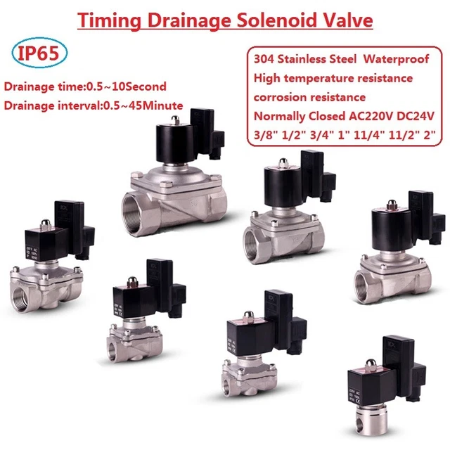 STAINLESS STEEL ELECTRIC Timing Drainage Solenoid Valve Normally Closed 220V 24V £37.67 ...