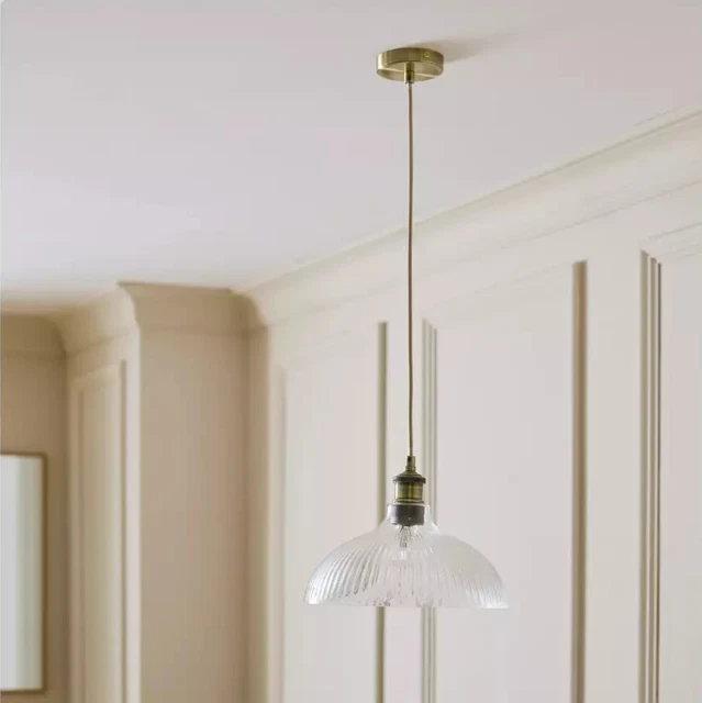 HABITAT 15W PENDANT Ceiling Light 30.5cm Ribbed Glass Brass IP20-Shade ...