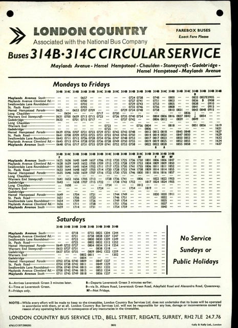 LONDON COUNTRY BUS Stop Timetable Route 314B/C dated 24 7 76 £4.00 ...