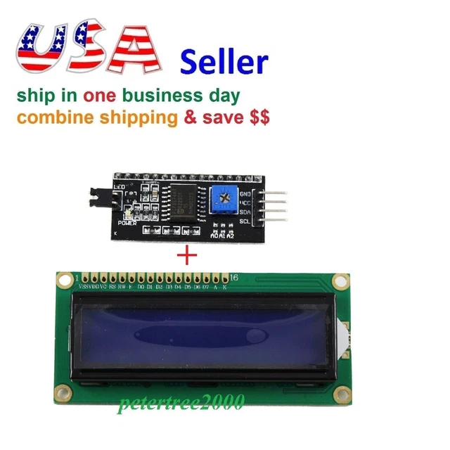1602 16X2 LCD Character Display Blue+ IIC/I2C/TWI/SPI Serial Interface ...