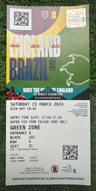 ENGLAND V BRAZIL - 23rd March 2024 - Mint Condition Ticket Stub Endrick ...