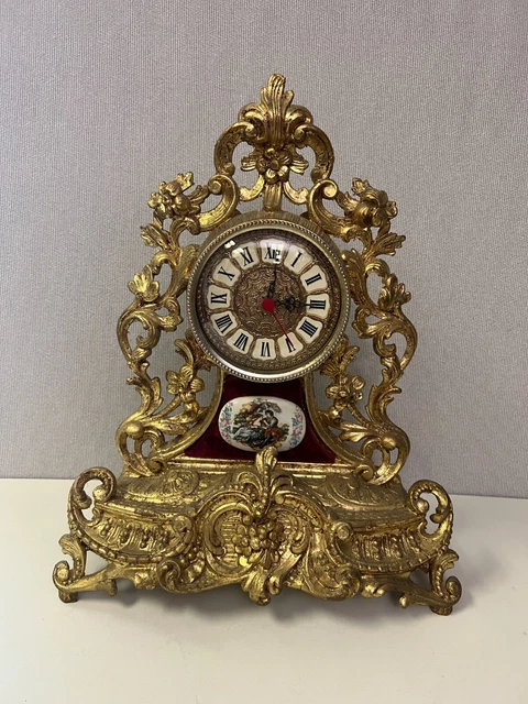 VINTAGE ITALIAN MOD. Dep Gold Table Clock w/Porcelain Decoration, 17 ...