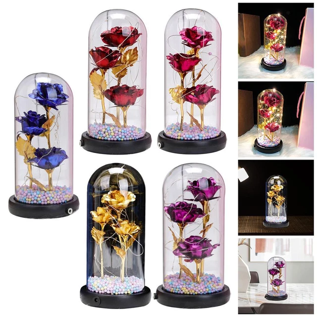 FLEUR DE ROSE Enchantée dans Un Dôme En Verre Lumière LED Décor de La ...