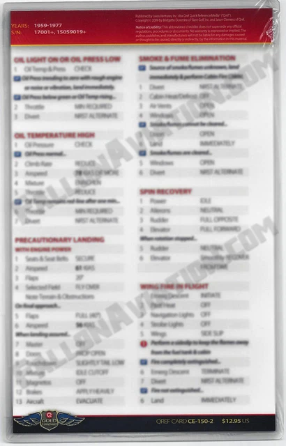 CESSNA 150 A-M Quick Reference Aircraft Checklist Card by Qref $15.95 ...