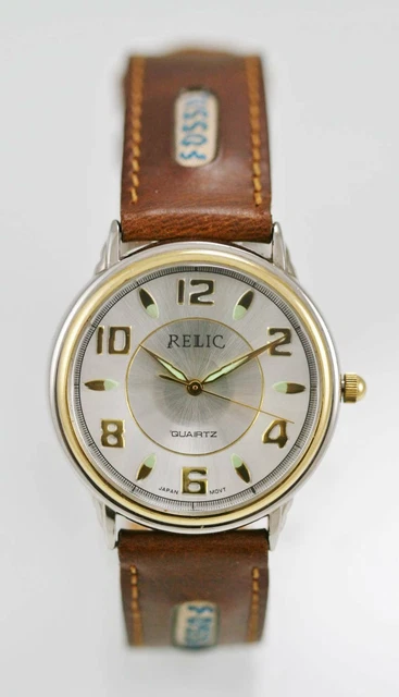 RELIC WATCH MENS Stainless Silver Gold Water Resist Brown Leather White ...