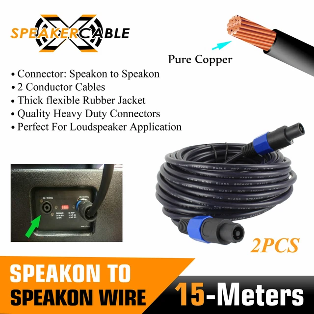 2X15 METERS SPEAKON M-M Male 2-Core OFC Wire Audio Cable HI-FI Speaker ...