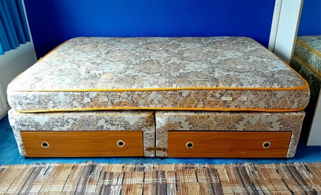 VINTAGE DIVAN DOUBLE Bed Base & Mattress Drawers Storage 1970s Low ...