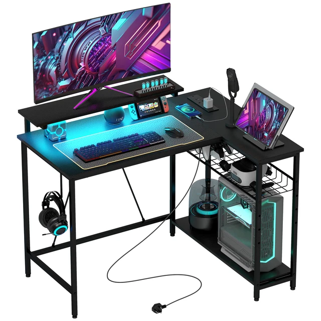 HOMCOM L SHAPED Desk with LED Lights Reversible Corner Gaming Desk with ...