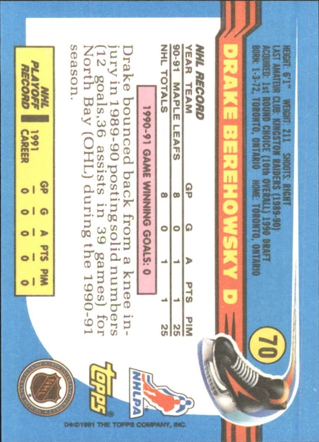 1991-92 TOPPS MAPLE Leafs carte hockey #70 Drake Berehowsky EUR 1,62 ...