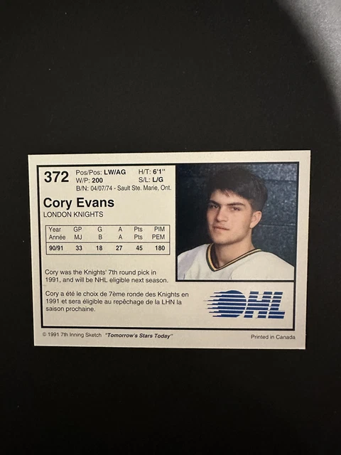 1991-92 7TH INNING Sketch OHL #372 Cory Evans $2.00 - PicClick CA