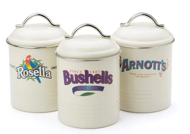 # FARMHOUSE RETRO Kitchen Australian Canisters Arnotts Rosella Bushells ...