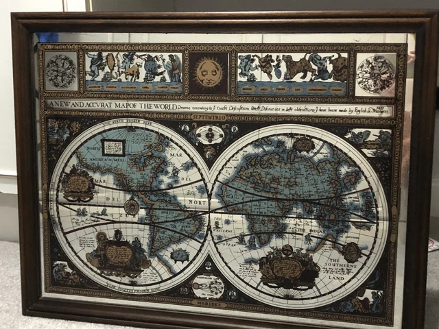 VINTAGE MIRROR MAP Framed Map World map. ‘A New And Accvrat Map Of The ...