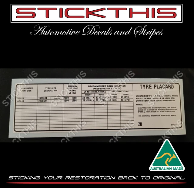 TYRE PLACARD DECAL Sticker - Holden HZ V8 Panelvan or Ute 9946869 (non ...