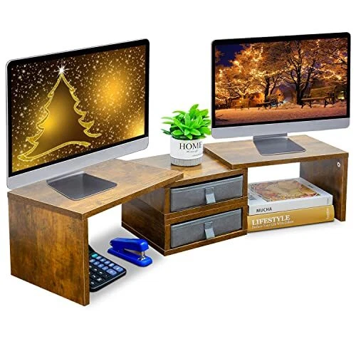 DUAL MONITOR STAND Riser with 2 Drawers - Length and Angle Adjustable 3 ...