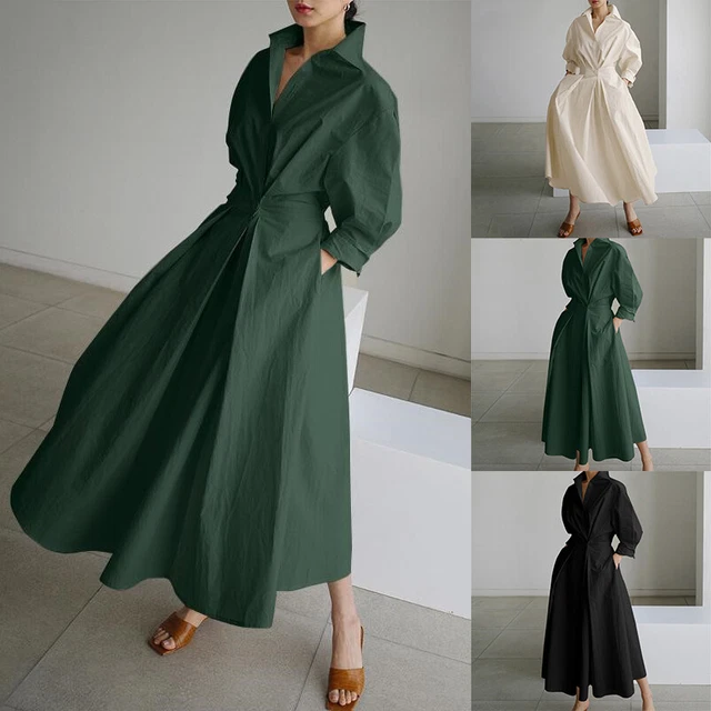 ROBE MAXI AMPLE En Coton Et Lin Pour Femmes Manches Longues Chemise Trapèze 》 EUR 35,93 ...