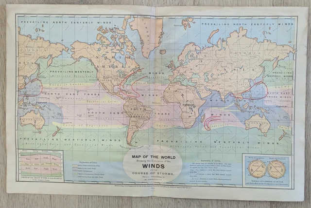 ANTIQUE MAP OF the World Showing Wind Patterns and Storms H. Berghaus ...