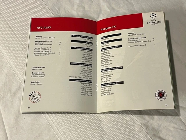 1996 MEN'S FOOTBALL programme Champions League AFC Ajax v Rangers £5.45 ...