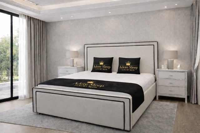 MODERN LUXURY VELVET Calvin Black Border Bed Frame Gas Lift/Mattress ...